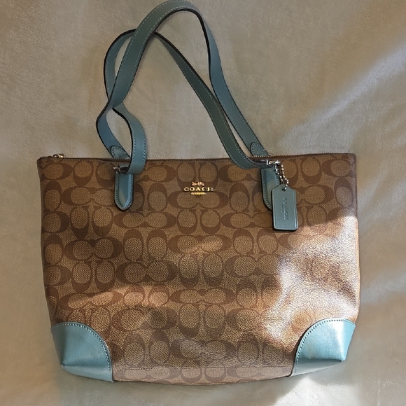 Coach | Bags | Coach Brown And Blue Monogram Tote Bag | Poshmark